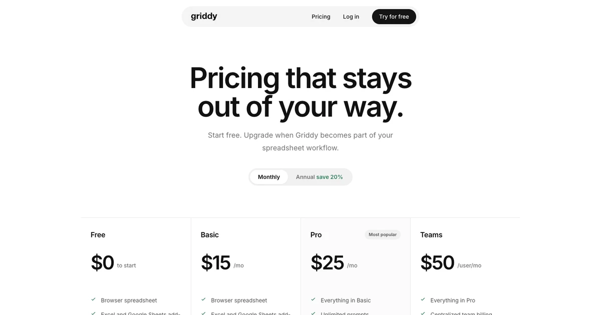 Pricing — Griddy AI Spreadsheet Assistant